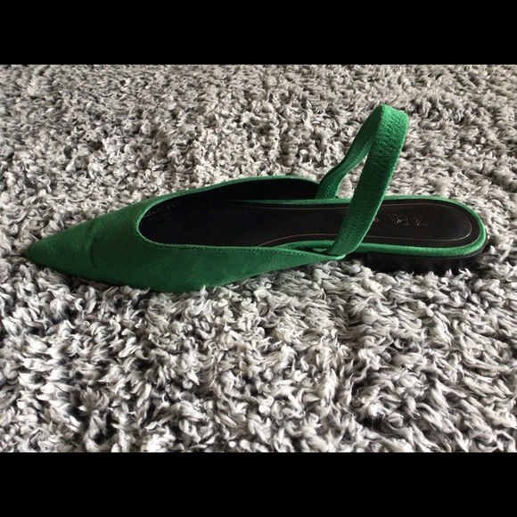 Zara Shoes Zara Emerald Green Suede Pointed Toe Slingback Flats
